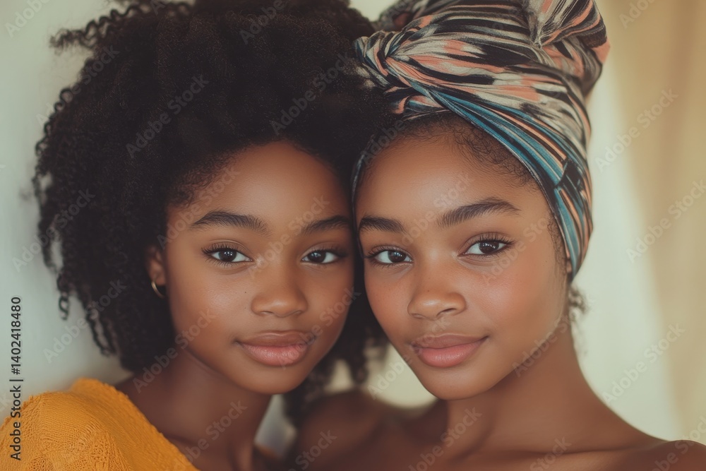 Younger and older sister spending time together at home. Two black girls of different age ...