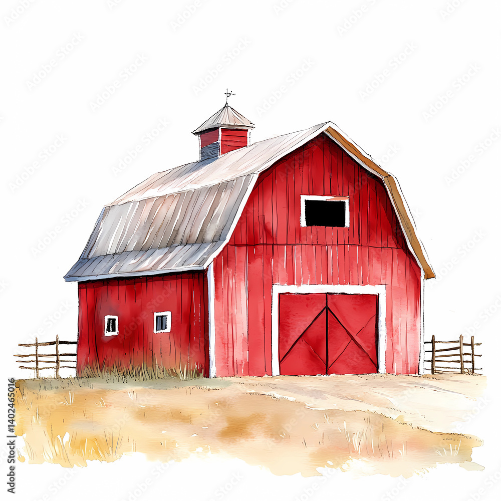 Watercolor, red barn clipart on a white background with margins, 2D ...