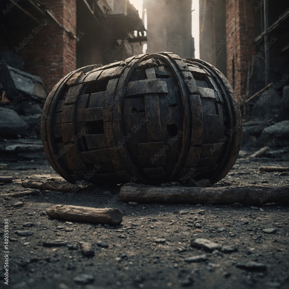 Amidst rubble, debris of forsaken urban environment, weathered wooden ...