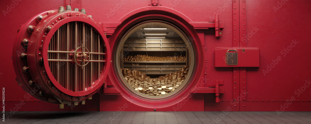 large, red vault door stands open, revealing treasure trove of gold ...
