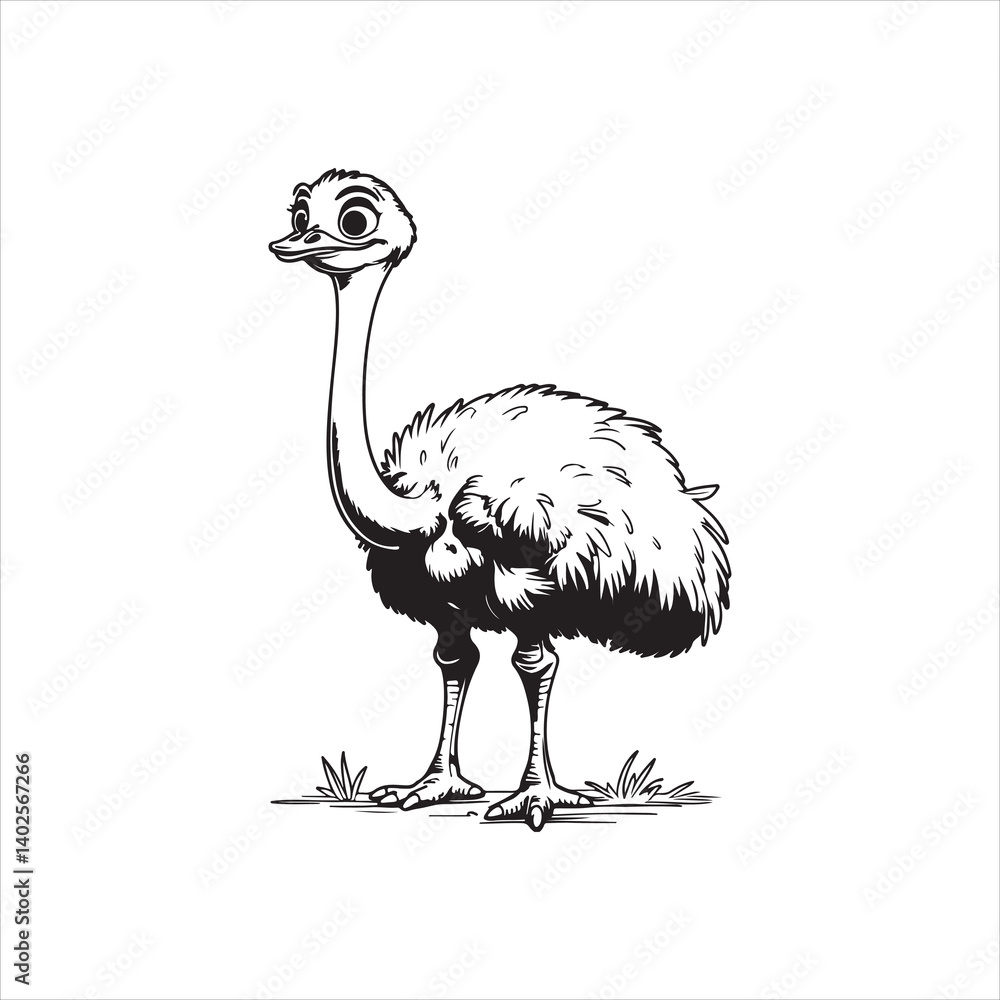 Vector de Stock Ostrich Line Art Drawing for Coloring Book, Cute ...