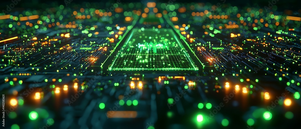 Sci-fi control panel with glowing green grid lines, floating 3D holographic displays, and ...