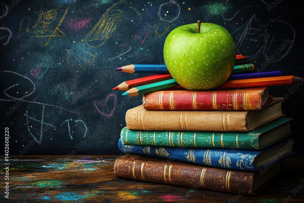 Back to School Illustrated Banner with Apple, Books, Pencils and ...