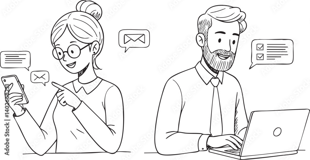 Hand-Drawn Business Doodle: Female and Male Characters Using Smartphone ...