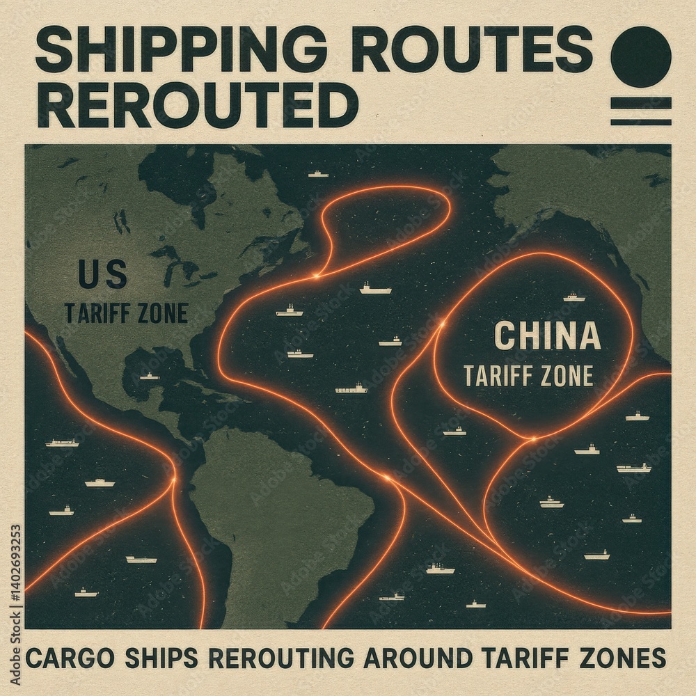 Map showing rerouted shipping routes around US and China tariff zones ...
