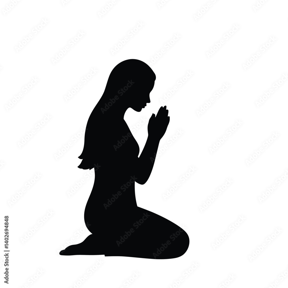 Silhouette of a praying woman. A woman kneeling with folded hands in prayer, radiating faith and ...