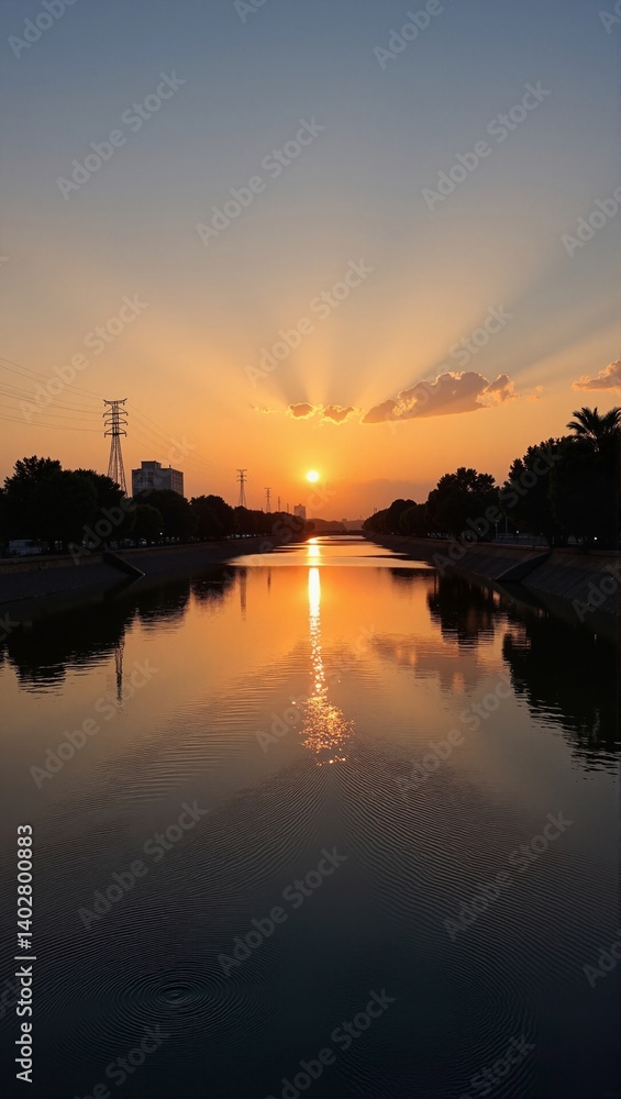 Stunning Tigris sunsets in Iraq Baghdad over water, power lines, trees ...