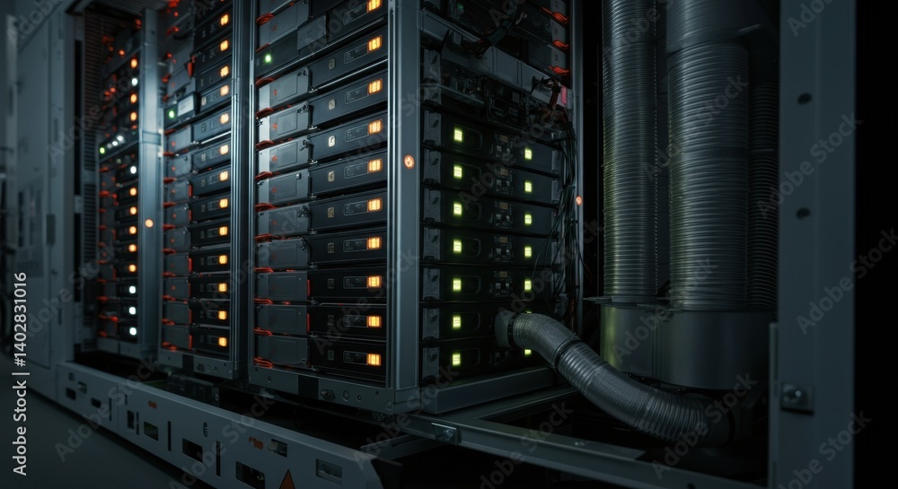 Modern data center server rack with active lights and cooling system ...