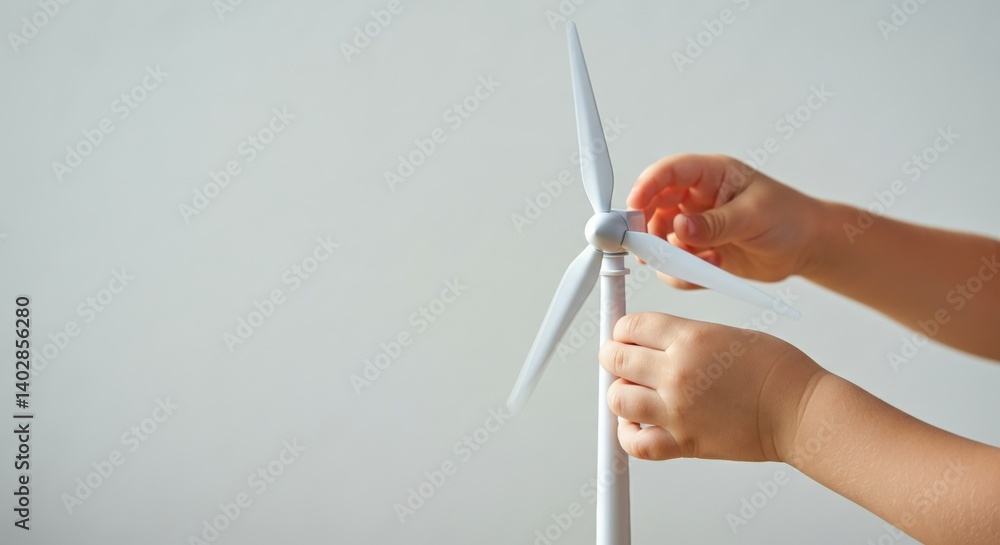 Child's hands adjusting miniature wind turbine model for renewable energy learning Stock Photo ...