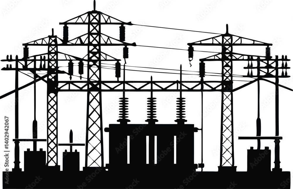 Silhouette Illustration Of Electrical Substation With Transformers And ...