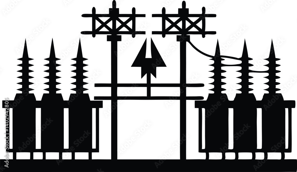 Black Silhouette Of Electrical Substation With Transformers And Power ...