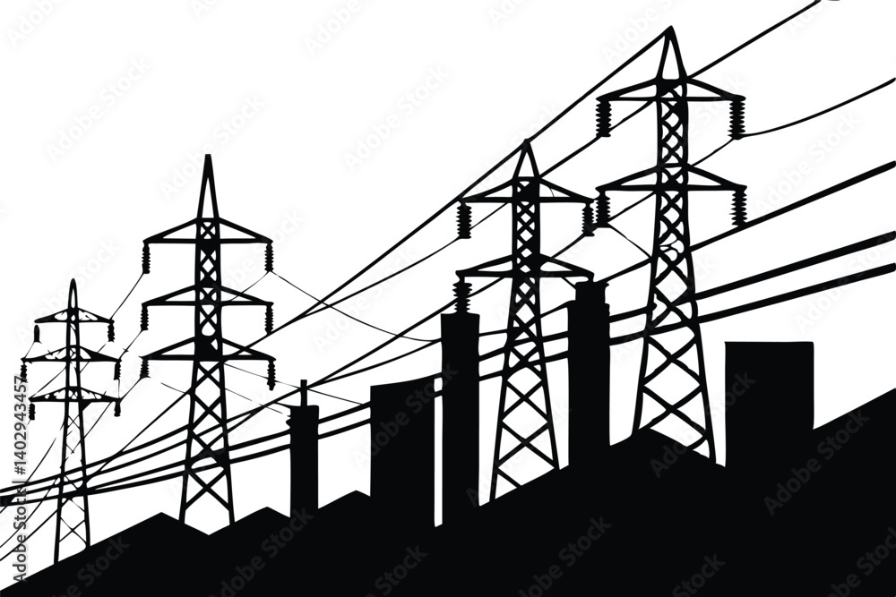 Silhouette Of Power Lines And Urban Skyline Against White Backdrop ...