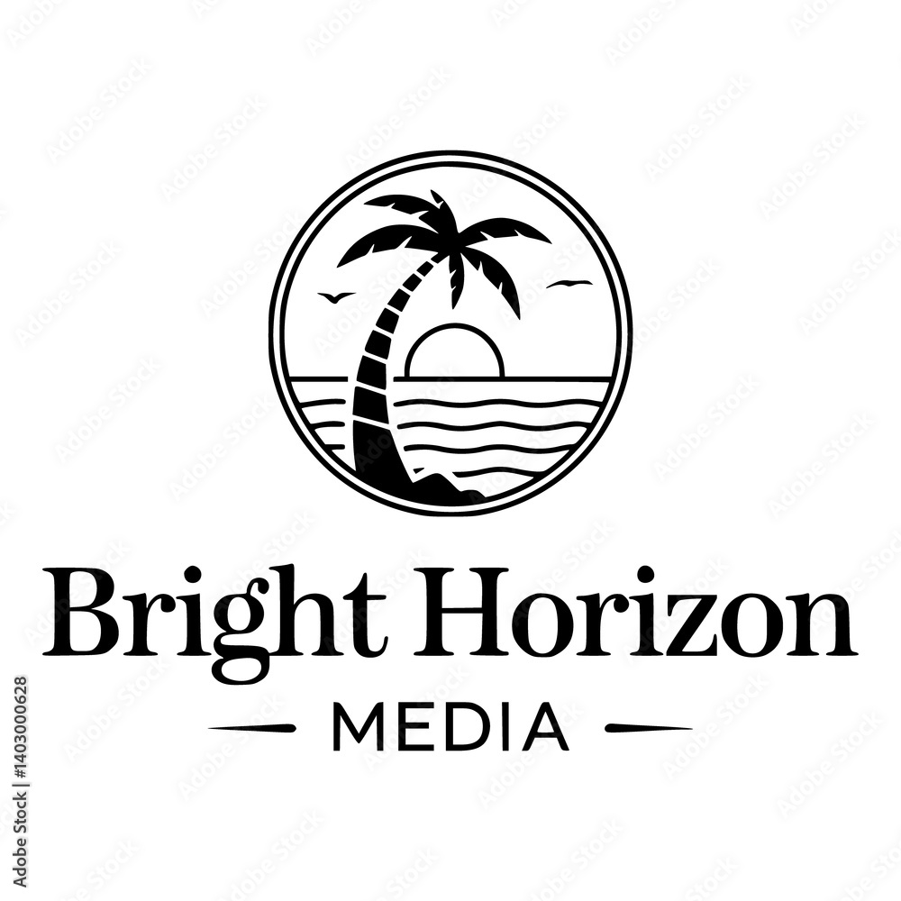 Stylized Bright Horizon Media Logo Featuring Palm Tree, Sun, and Waves ...