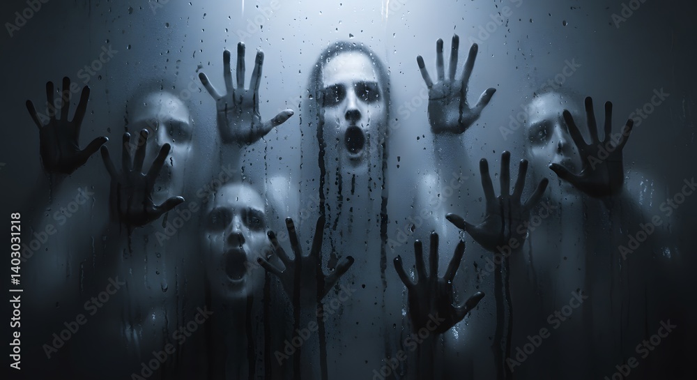 AI image depicts multiple ghostly figures with screaming faces and hands pressed against wet ...