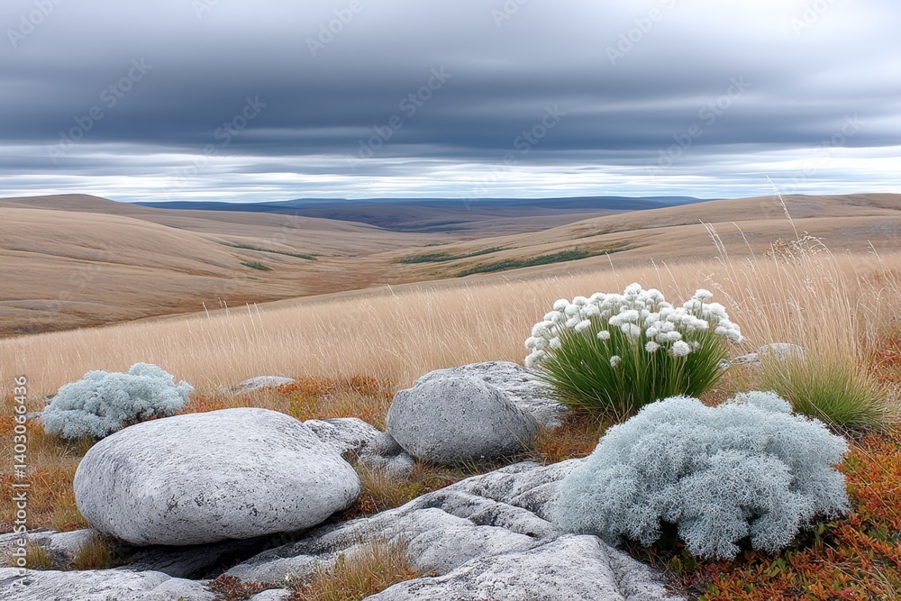 Tundra ecosystem with mosses, lichens, and migratory animals Stock ...