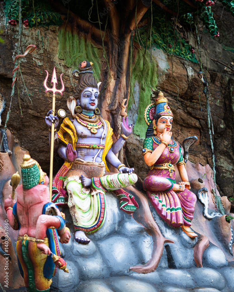 Vivid depiction of Lord Shiva, Goddess Parvati, and Nandi in a ...