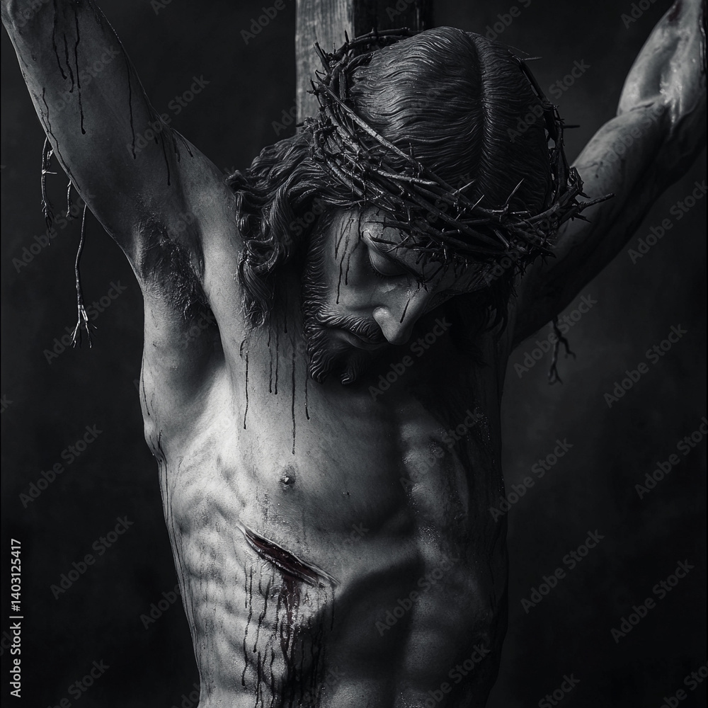 Depiction of the crucifixion of Jesus in a dramatic black and white ...