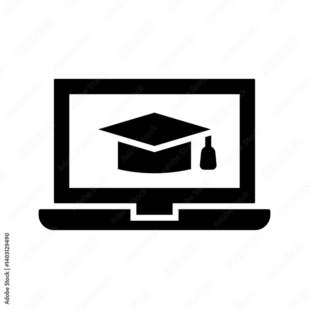 laptop icon with graduation cap, online learning icon, e-learning, simple flat style ...