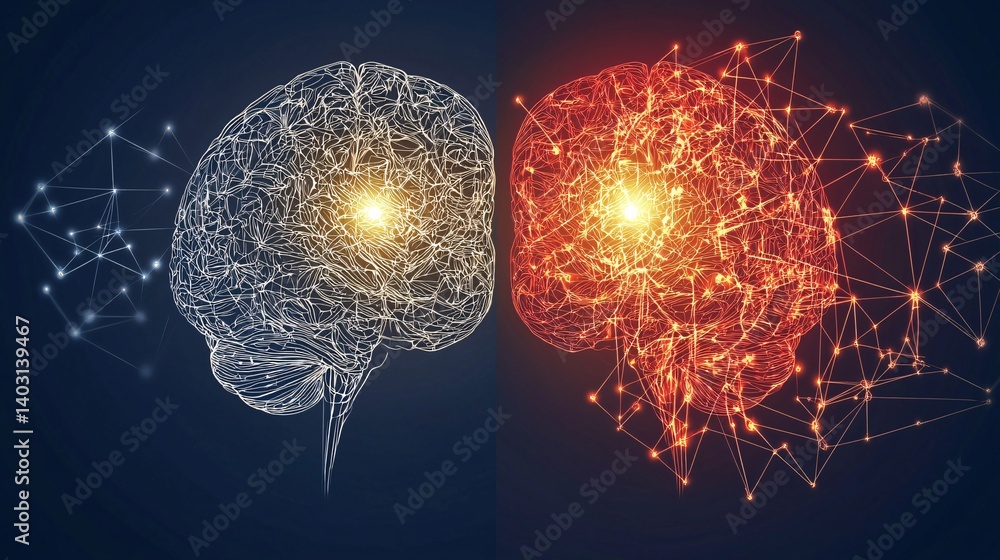 Illustration Stock side-by-side comparison of a rigid brain and a ...