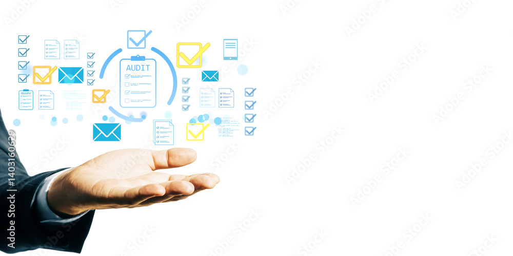 Businessman hand holding digital audit checklist icons with checkmarks ...