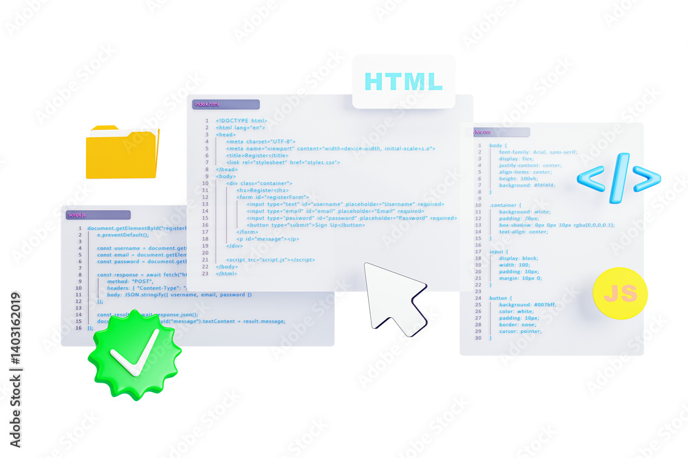 3D Rendering showing HTML, CSS, and JavaScript code snippets with UI ... 3D Rendering showing HTML, CSS, and JavaScript code snippets with UI ...
