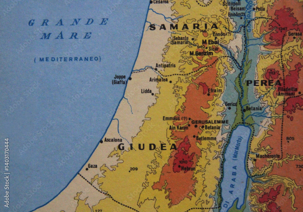 Ancient biblical map of Palestine showing Judea and surrounding regions ...