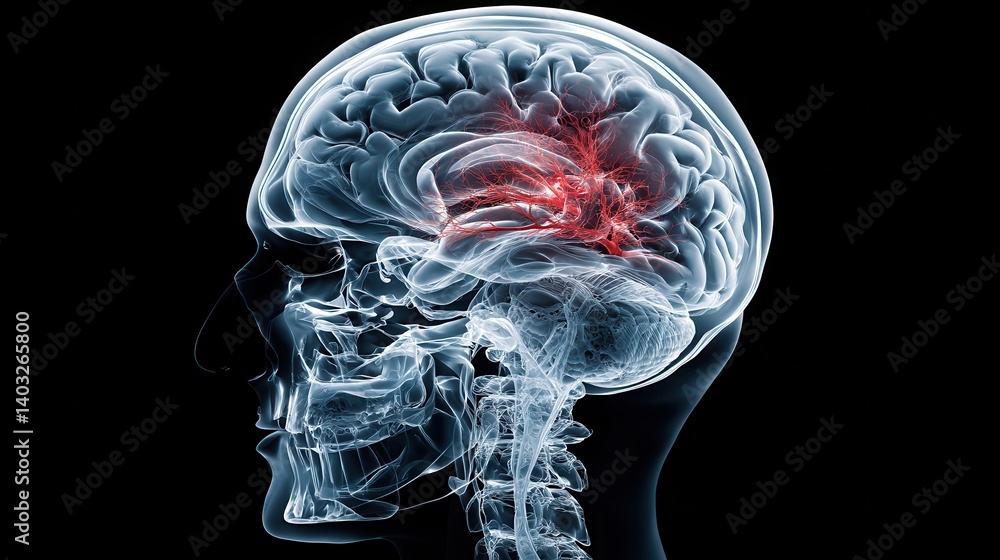 Side view X-ray image of a human skull showing a highlighted red area ...