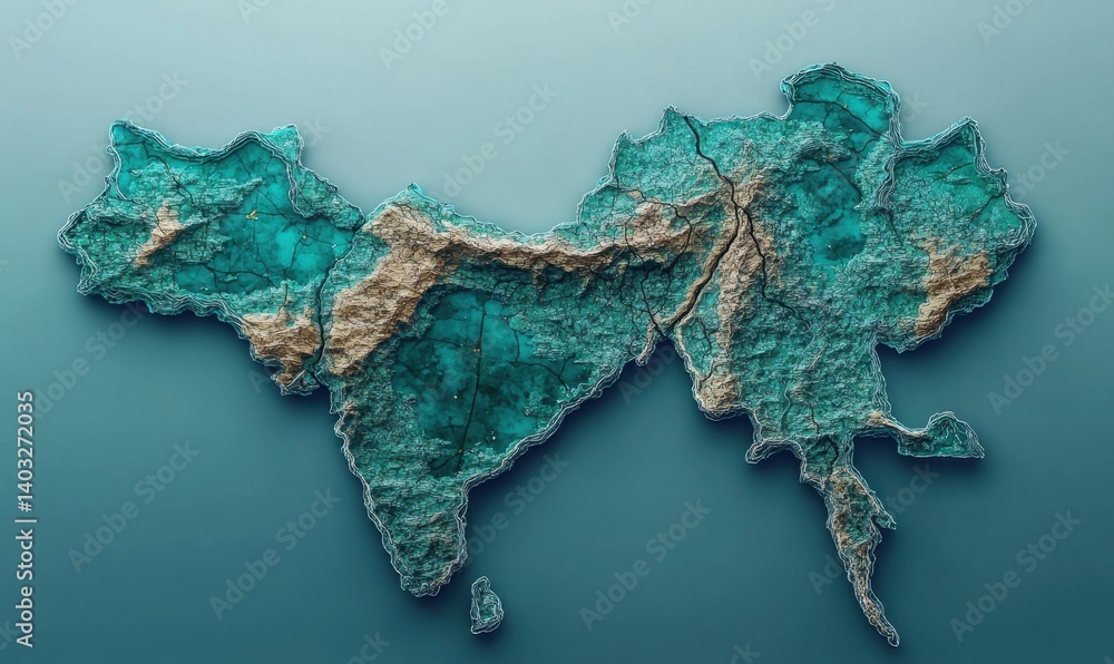 3D topographic map of South Asia, showing mountains and rivers ...