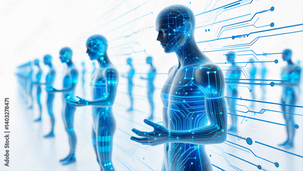 Line of identical blue wireframe human figures connected to network lines. Concept of artificial ...