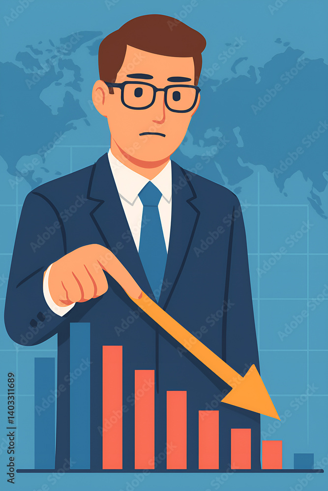 Sad businessman pointing at falling bar chart with downward arrow. Concept of financial crisis ...
