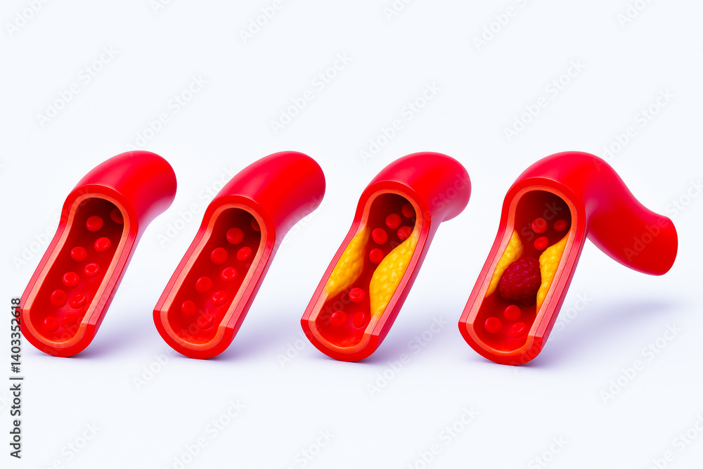 Cross section of arteries showing progression of plaque buildup leading ...