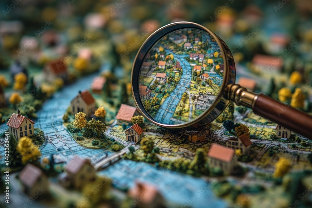Magnifying glass over a miniature town map, showing houses, roads, and ...