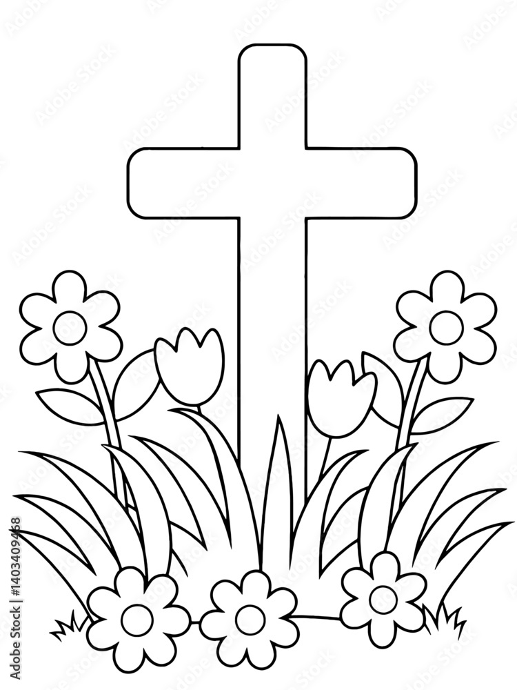 cross with spring flowers easter christian coloring page, symbol of ...
