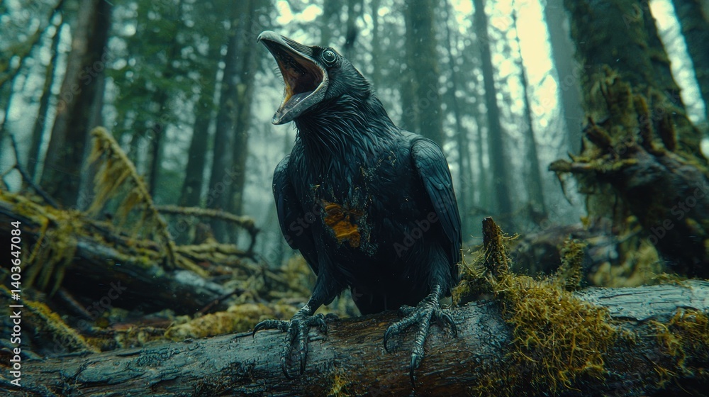 Raven in a Misty Forest: A Dark and Mysterious Scene Stock Photo ...