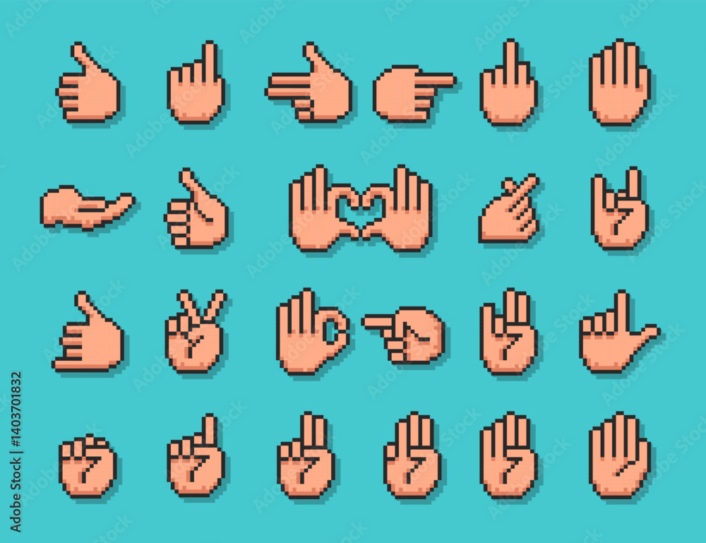 Vector de Stock Pixel hand gesture symbols. 8 bit hands gestures icon ...