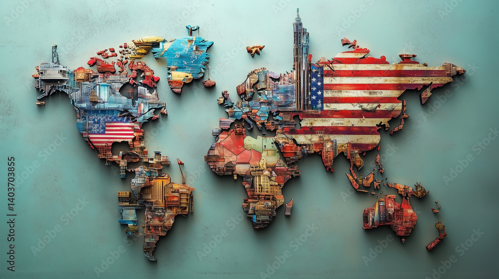 World map showing United States flag and iconic landmarks, representing ...