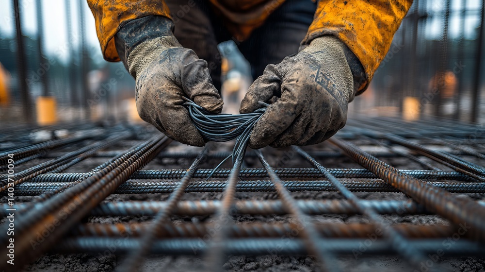 Steel reinforcement worker tying rebar with wire twisters. Featuring ...