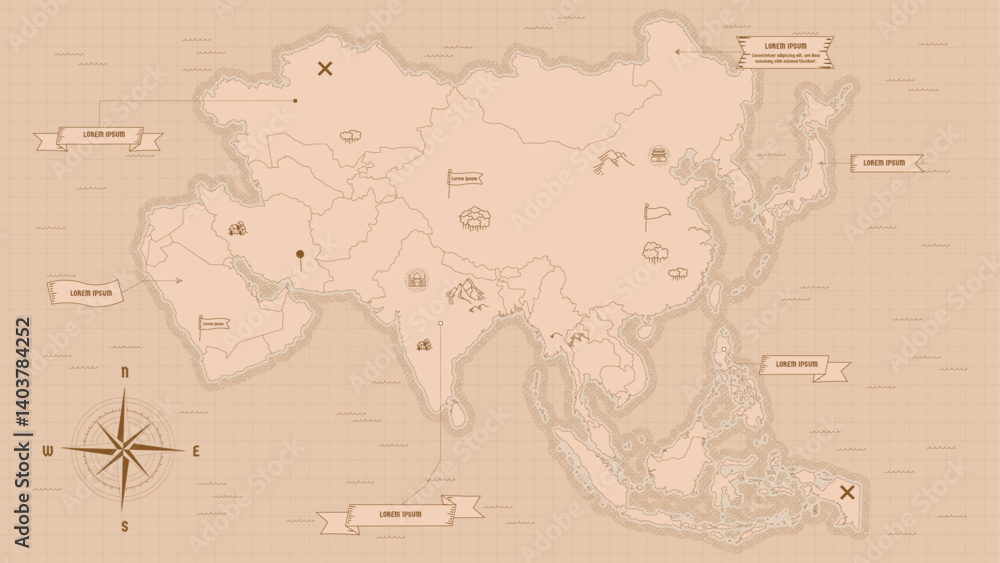 Vintage Asia Map: A vintage-inspired map of Asia with a compass in the ...