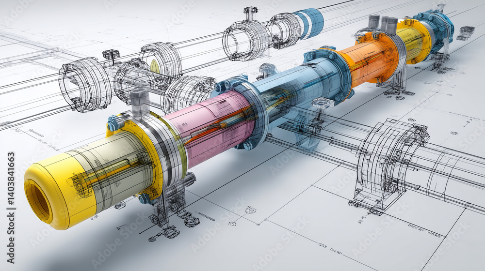 Technical Drawing of Industrial Water Pipes with Color-Coded Flow and ...