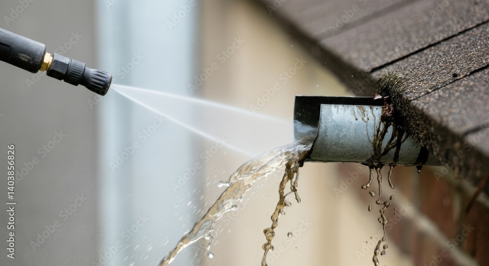 High-pressure water cleaning of a rain gutter with flowing water from ...