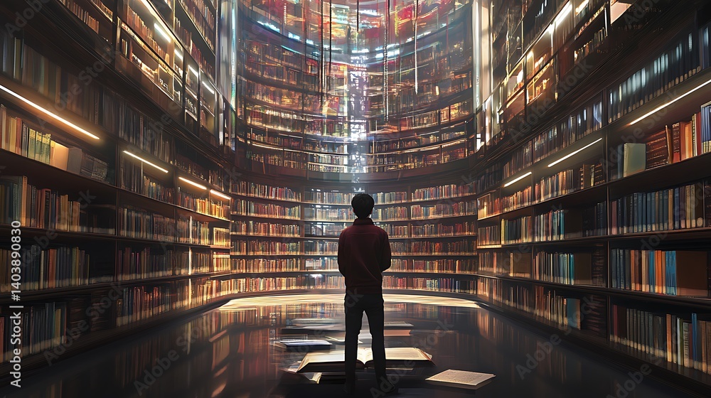 From behind: student navigating through layers of digital pages in an ...