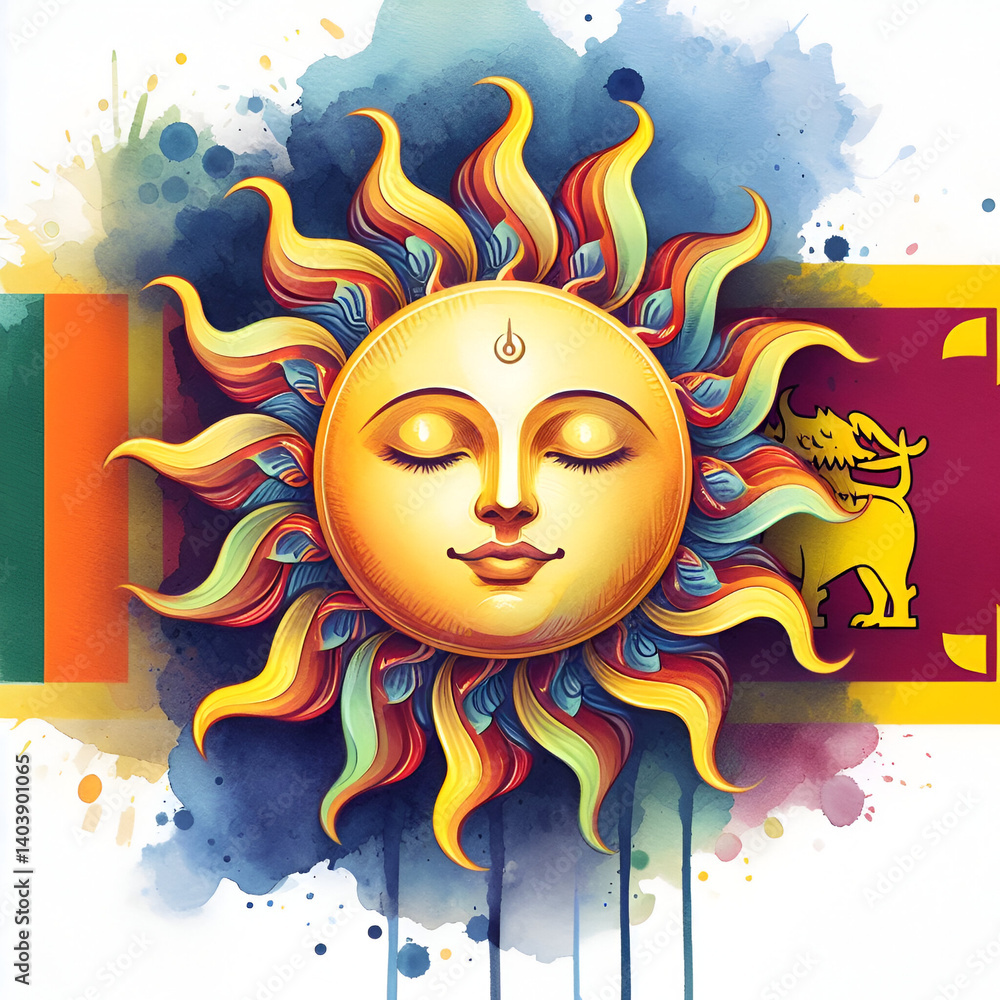 Ilustración de Stock Watercolor style illustration of a sun with Sri ...