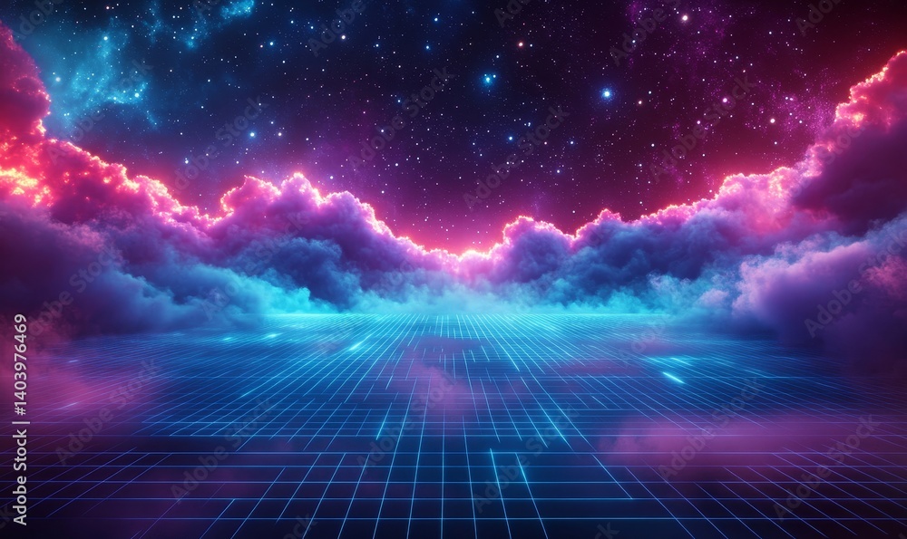 Synthwave vaporwave retrowave cyber background with copy space, laser grid, starry sky, blue and ...