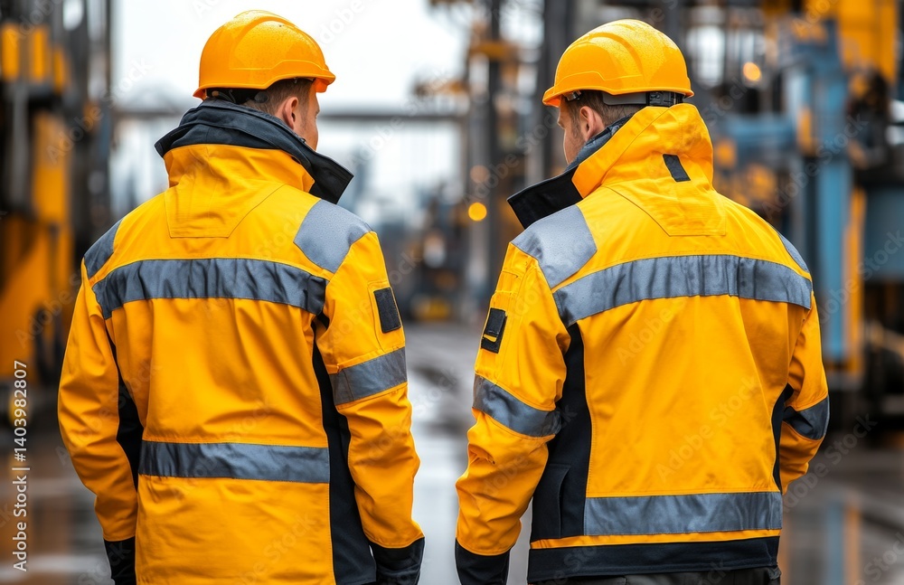 Two naval industry workers, both wearing yellow helmets, examine a ship ...