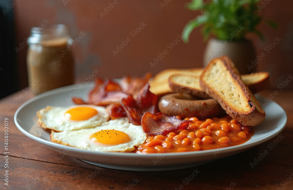 Full English breakfast on white plate with dark rustic wood background ...