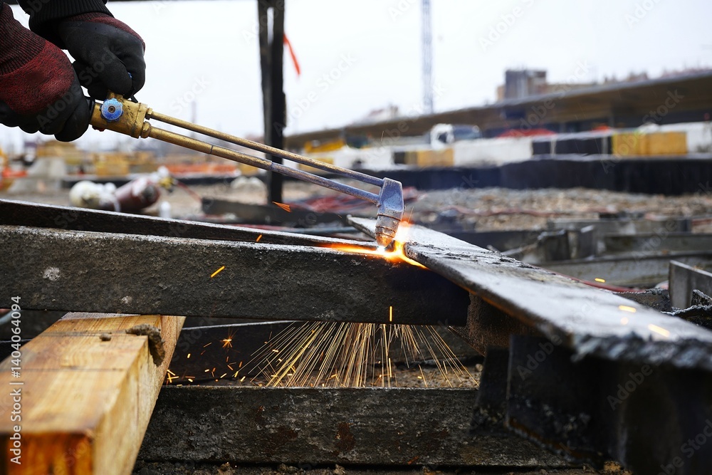 Worker cutting steel angles with oxy-fuel torch outdoors. Sparks, heat ...