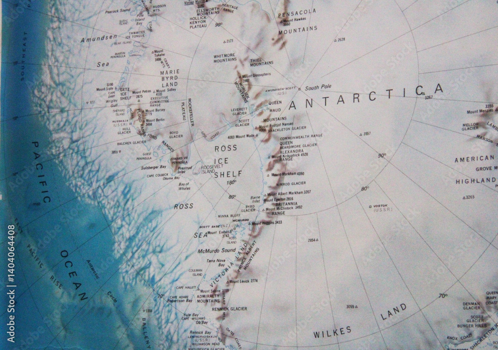 Foto Vintage physical map of Antarctica showing the Ross Ice Shelf ...