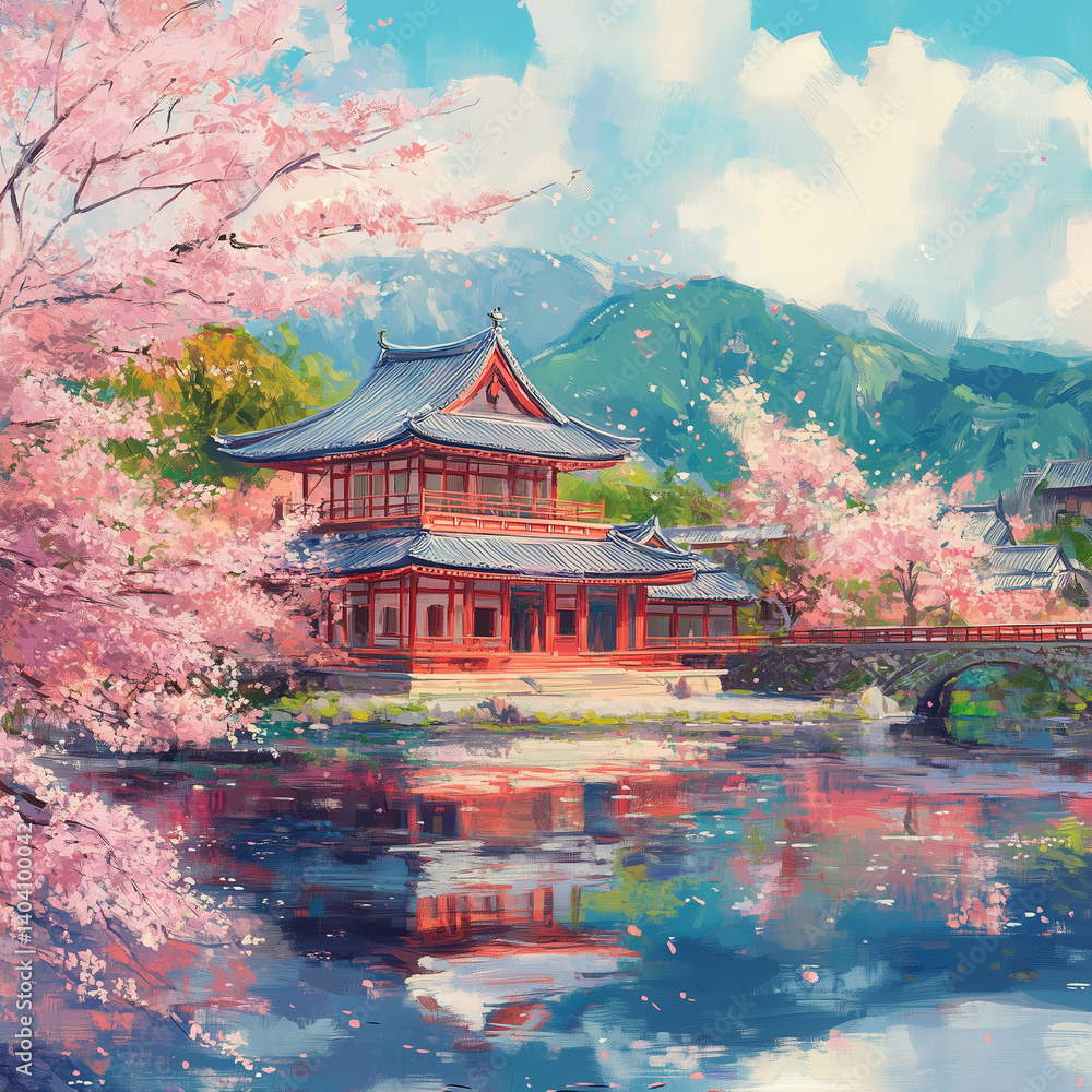 Japanese traditional style natural scenery with impressionist landscape ...