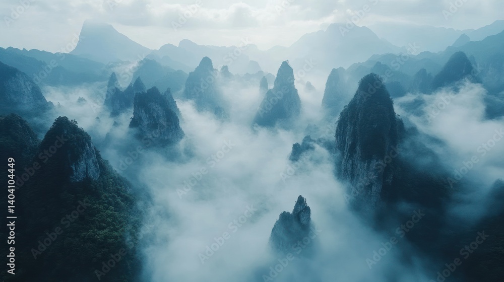 Misty mountain peaks shrouded in clouds. Lush valleys and towering limestone karsts pierce the ...