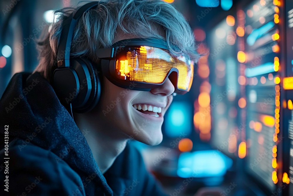 Phishing operator looks happy elated at the monitor in dark network hub ...